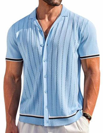 Coofandy Herren Kurzarm-Strickhemd, lässig, Button-Down-Shirt, Vintage, gestreift, gestrickt, Golf-/Strand-Tops, Hellblau, Mittel