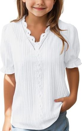 Generic Chemisier Chic Fille Manches Court - Haut Enfants Chic Et Elegant Tops Couleur Unie Chemise Col V Hauts avec Manches Shirt Respirant T-Shirt Soir&eacute;e Ch