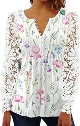 Onsoyours Chemisier Femme Sexy Chic Hauts À Manches Longues Dentelle Ample Tunique Blouse Elégante Mode Col V Shirt Tops Imprimé Automne Pullover A Rose 3XL