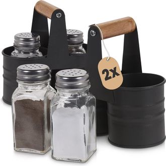 Oramics 2er Set Pfeffer- und Salzstreuer inklusive Halter mit Tragegriff, Ideal für Haushalt und Gastronomie, Set besteht aus 2 Pfefferstreuer, 2 Salzstreuer 