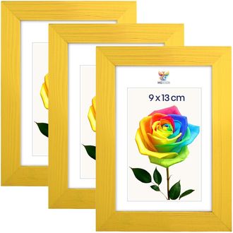 MG Design 3er Set Bilderrahmen 9 x 13 cm - Fotorahmen mit Gelb Echtholzrahmen und bruchsicherem Acrylglas, Hoch & Quer zum Aufh&auml;ngen, zum Aufstellen