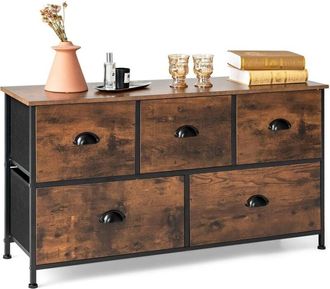 Costway Commode Meuble de Rangement avec 5 Tiroirs Non-Tissés 100 x 30 x 54 cm Cadre en Métal Surface en mdf Marron Rustique&Noir - Costway