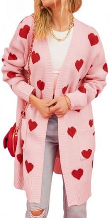 Generic Cardigan en tricot pelucheux en forme de coeur pour femme, col en V, ouvert sur le devant, tricot c&ocirc;tel&eacute; en forme de coeur, manteau ample en tricot av