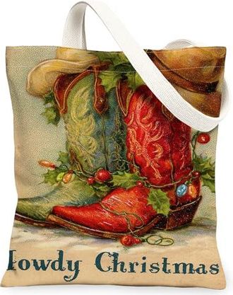 Generic Sacs fourre-tout en toile de bottes de cowboy de vacances, sacs d&eacute;picerie r&eacute;utilisables, l&eacute;gers et festifs, lavables en toile pour les voyages, multic