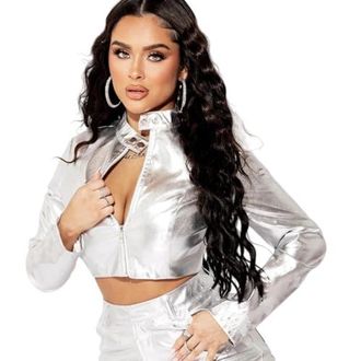 Generic Veste &agrave; col montant et fermeture &eacute;clair en polyur&eacute;thane pour femme - Automne et hiver, Argent&eacute;., L