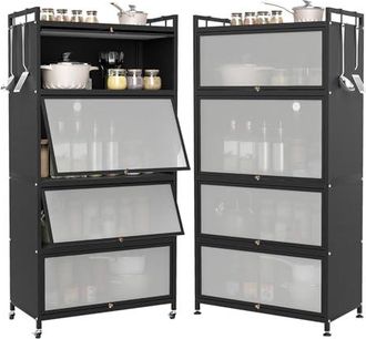 Costway Meuble Cuisine Rangement 5 Niveaux, Etagere Rangement en Fer, Portes Battantes, Panneau Perfor&eacute;, 10 Crochets, Armoire Cuisine &agrave; Roulette, Support Micr