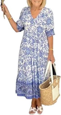 Generic Robe Boho col en V, Robe de Plage imprimée Florale dété, Robes décontractées pour Femmes 2024 (Blue,3TG)