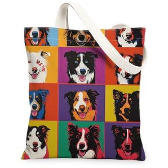 Generic Sac fourre-tout en toile Pop Art Border Collie pour faire du shopping, 33 x 38,1 cm, motif chiot abstrait amusant et amusant, sac d&eacute;picerie r&eacute;utilisab