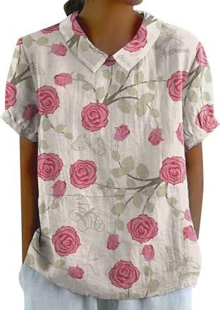 Generic Chemise Femme Chic et élégant Chemisiers et Blouses Femme dété Revers Col Rond à Manche Courte Tops Fleurie Respirant T-Shirt Grande Taille Pas Cher D