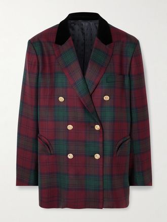 Blaz&eacute; Milano Night Break Doppelreihiger Blazer Aus Karierter Wolle Mit Samtbesatz - Rot