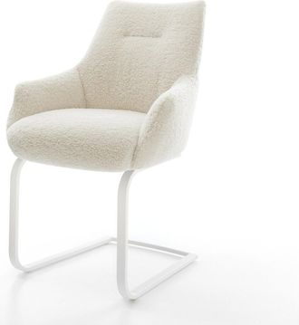 DELIFE Freischwinger Alja-Flex mit Armlehnen Teddystoff Beige Freischwinger flach Wei&szlig; Taschenfederkern, Esszimmerst&uuml;hle
