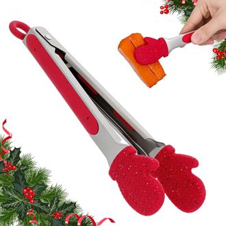 Hemoton Hemoton K&uuml;chenzange Weihnachten mit Silikonspitzen Handschuh Motiv, 24cm Edelstahl Grillzange Mittelgro&szlig;, Hitzebest&auml;ndige Servierzange f&uuml;r Hei&szlig;luftfri