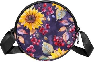 Generic Petit sac &agrave; bandouli&egrave;re rond pour femme, motif tournesol avec fermeture &eacute;clair, bretelles r&eacute;glables, style d&eacute;contract&eacute;, pour femmes et filles
