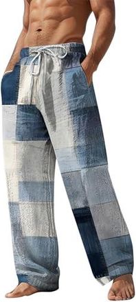 Generic Pantalon de plage en lin pour homme, pantalon de yoga hawa&iuml;en avec cordon de serrage color&eacute; imprim&eacute; fantaisie, taille &eacute;lastique, pantalon d&eacute;t&eacute; &agrave; jambe