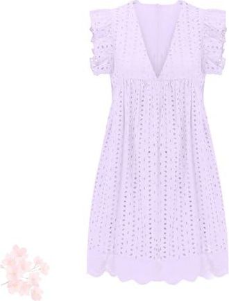 Generic Pickelect Robe barboteuse avec short, col en V, robe en dentelle de couleur unie, robe courte avec short intégré, violet, M