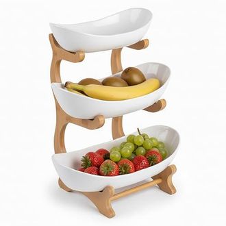 Relaxdays Obst Etagere Bambus, 3 Etagen, HBT: 34x25x10 cm, Schalenetagere, Obst & Gem&uuml;se, Obstschale K&uuml;che, Natur/wei&szlig;