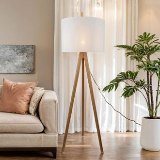 Licht-Erlebnisse Stehleuchte Stoff Holz 145 cm Dreibein E27 Skandinavisch Kiefer Weiß Kabelschalter Tripod Stehlampe Wohnzimmer