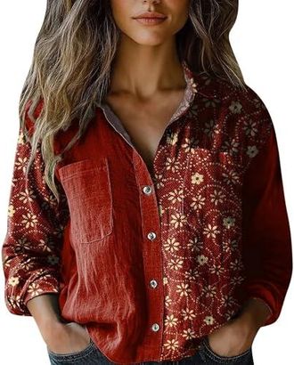 Generic Haut de Noël pour femme - Pull de Noël amusant surdimensionné à boutons - Haut à manches longues - Col en V - Arbre de Noël - Imprimé flocon de neige 