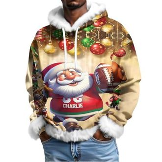 Generic Sweat à capuche pour homme - Avec motif de Noël - Imprimé Père Noël et cloches - En matériau doux - Avec bordure en fourrure synthétique et cordon de 