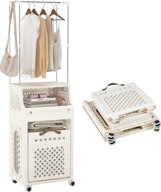 Giantex Kleiderst&auml;nder mit W&auml;schekorb, faltbarer Garderobenst&auml;nder mit Rollen, Haken & Ablage, W&auml;schewagen f&uuml;r Waschraum, Schlafzimmer & Bad, 40 x 29,5 x 136 