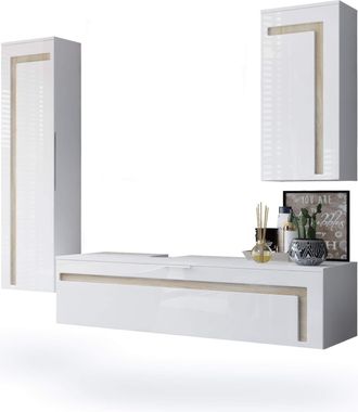 Vladon Badm&ouml;bel Komplettset Aloha, Made in Germany, Korpus in Wei&szlig; matt/Fronten in Wei&szlig; Hochglanz mit Absetzungen in Eiche s&auml;gerau