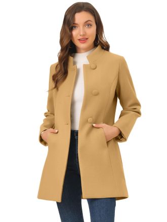 Allegra K Damen Winter Mantel Mitte Oberschenkel Stehkragen Einreiher Langer Mantel, Khaki, XL