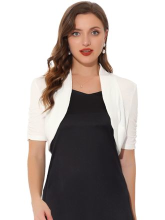 Allegra K Damen Kurzarm Elegant R&uuml;schen Festlich Bolero Vorne Offen Crop Jacke Shrug Wei&szlig; XL