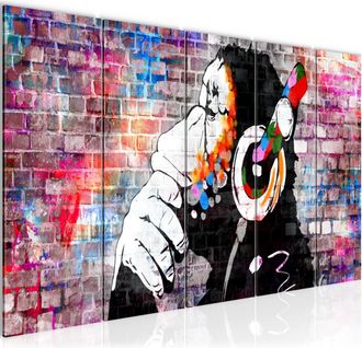 Runa Art Wandbild XXL Affe mit Kopfhörer Loft Wohnzimmer 200 x 80 cm Bunt 5 Teilig - Made in Germany - 042555c