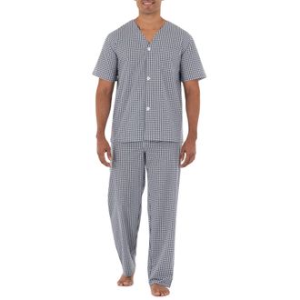 Fruit Of The Loom Herren Pyjama-Set mit Kurzen &Auml;rmeln und Langer Hose aus Breitem Stoff Pyjamaset, Marineblau/Wei&szlig; kariert, Medium