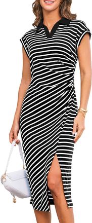 Grace Karin Damen Midi Sommerkleid Gestreiftes Bodycon Kleid mit Schlitz Polokragen Kurzarm Bleistiftkleid Urlaub Weiße Streifen S