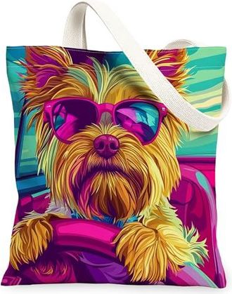 Generic Yorkie Sac fourre-tout en toile r&eacute;utilisable pour faire du shopping 33 x 38,1 cm, motif chiot funky pop pour femme, animal domestique, plage, esth&eacute;tiq