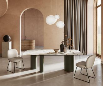 DELIFE Esstisch Edge Boot 240x120cm Keramik Calacatta Luxe Wei&szlig;-Gold-Grau Troa Metall Effektfinish Titan, Esstische