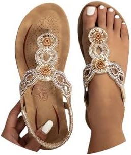 Generic Sandales plates d&eacute;t&eacute; d&eacute;contract&eacute;es et l&eacute;g&egrave;res &agrave; enfiler en similicuir avec barre en T et strass pour femme, E Or rose, 38.5 EU