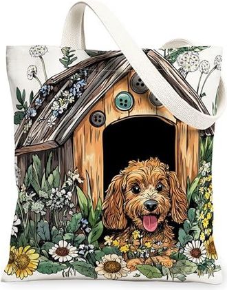 Generic Sac fourre-tout en toile motif chien cockapoo printanier 33 x 38,1 cm, niche amusante et r&eacute;utilisable, motif imprim&eacute; floral, sac d&eacute;picerie pour femme,