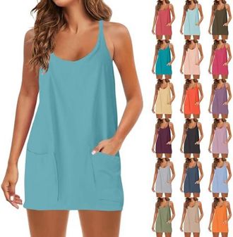 Generic Robe de plage pour femme - Courte - Décontractée - Sans manches - Avec poches - Style bohème - Bretelles spaghetti - Robe débardeur - Couleur unie - G