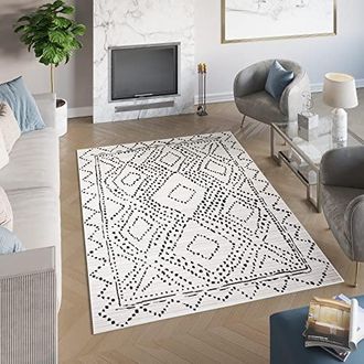 Tapiso Juno Tapis de Salon Chambre Salle &agrave; Manger Adulte Bureau Design Moderne Cr&egrave;me Noir Gris G&eacute;om&eacute;trique Motif Ethnique Bordure Poil Court Doux Fin R&eacute;sista