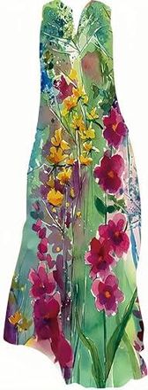 Ocean Plus Femmes Jupe Longue sans Manches Col V Robe Florale Imprimée Maxi Robe sans Manches avec Col en V (4XL, Aquarellblumen)