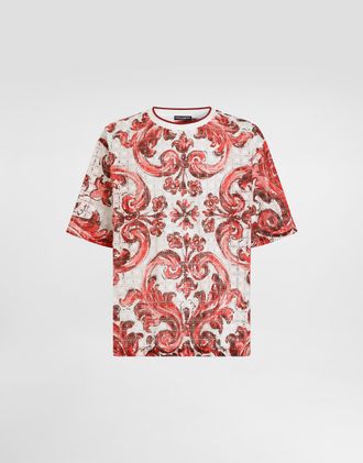 Dolce & Gabbana T-shirt Aus Sangallo-spitze Mit Majolika-print - Mann T-shirts Und Polos Multicolor Xl