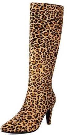 Generic Femmes Bout Pointu Chic Bottes À Haut De Genou Mid Kitten Talons Côté Fermeture Éclair Élégante Soirée Soirée Bal Chaussures Habillées,Léopard,41 EU