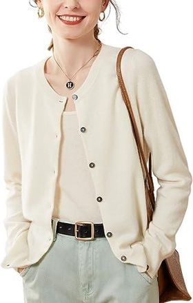 Dissa Valin Gilet Cachemire 95% Femme Col Rond Ecru Solide Couleur Tricoté en Vrac Manches Longues Fin Cardigan en Cachemire et Laine,44,SPR1201
