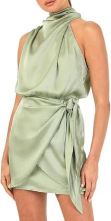 Generic Robe Courte en Satin pour Femme, sans Manches, col Montant, Ceinture nouée, Robe de Cocktail, Portefeuille, de soirée