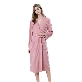 Generic Peignoir de bain en tissu &eacute;ponge pour femme - Couleur pure - Chaud - Avec ceinture et poches - Confortable et doux - Col en V - Pour lhiver, rose, XL