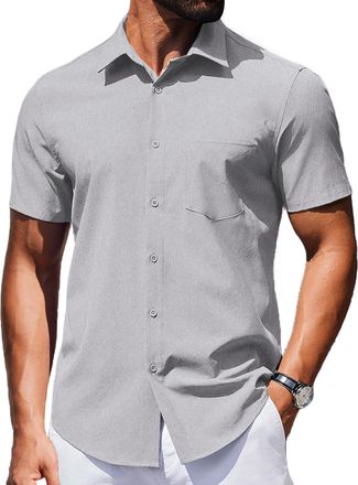 Coofandy Herren Hemd Kurzarm Sommerhemd Casual Strandhemd mit Leinenstruktur Button Down Shirt Freizeithemd für Männer Grau XL