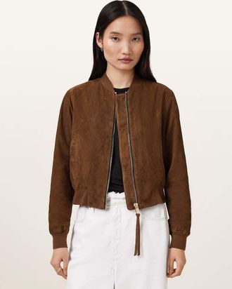 AllSaints Orten - Bomberjacke aus Wildleder in Bitterschokoladen-Braun-Brown