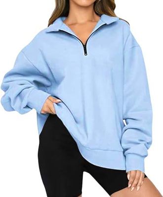 Generic Sweat &agrave; capuche zipp&eacute; surdimensionn&eacute; en polaire avec demi-fermeture &eacute;clair pour femme, bleu clair, XXL