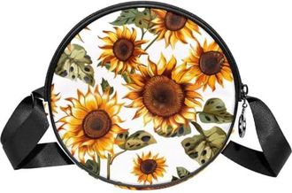Generic Petit sac &agrave; bandouli&egrave;re rond pour femme, motif tournesol avec fermeture &eacute;clair, bretelles r&eacute;glables, style d&eacute;contract&eacute;, pour femmes et filles