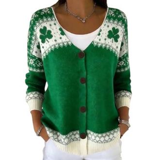 Generic Cardigan de la Saint-Patrick pour femme - Pull graphique tr&egrave;fle &agrave; manches longues et col en V - D&eacute;contract&eacute; - Printemps et automne - Cardigan tendance