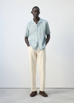 Mango Chemise 100 % lin col bowling bleu porcelaine - Homme - XXL - MANGO MAN