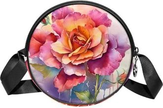 Generic Petit sac &agrave; bandouli&egrave;re rond pour femme, motif floral aquarelle avec fermeture &eacute;clair, bretelles r&eacute;glables, sac &agrave; main rond d&eacute;contract&eacute; pour femmes et