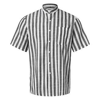 Generic Chemise en lin blanc pour homme - Chemise fine en coton bleu &agrave; rayures fines - Chemises en lin &agrave; manches courtes - Haut blanc pour homme - Polo court 